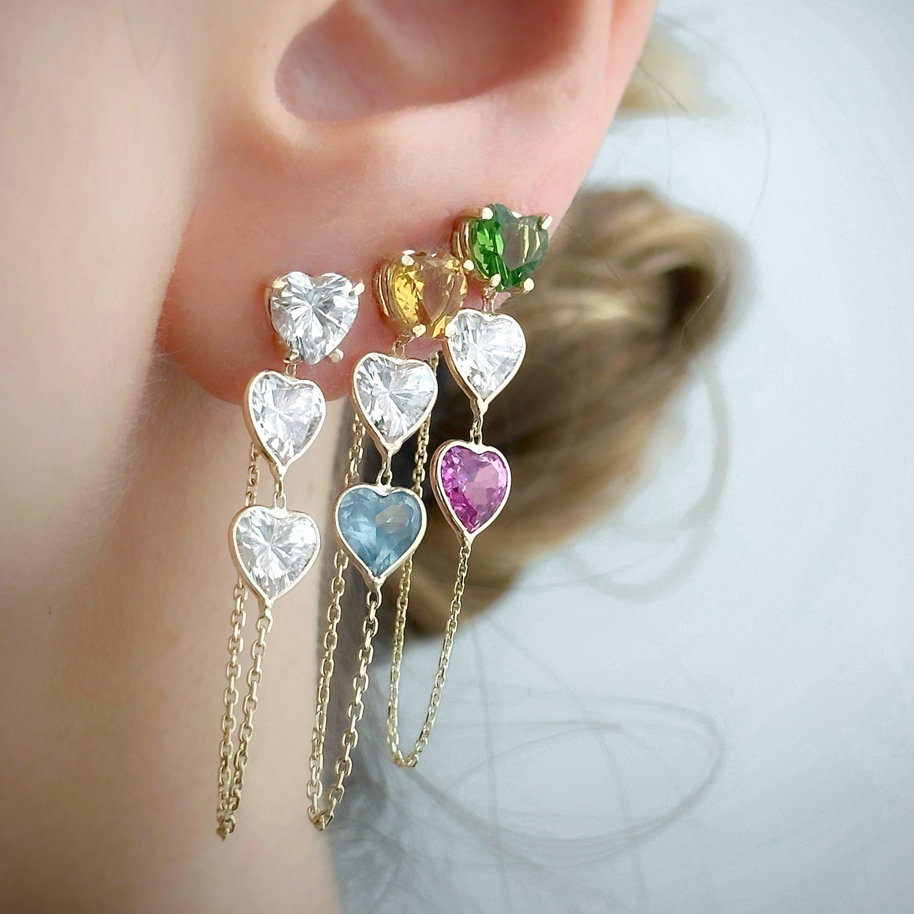 14K Yellow Gold Triple Heart-Shaped Peridot, White And Pink Gemstones ...